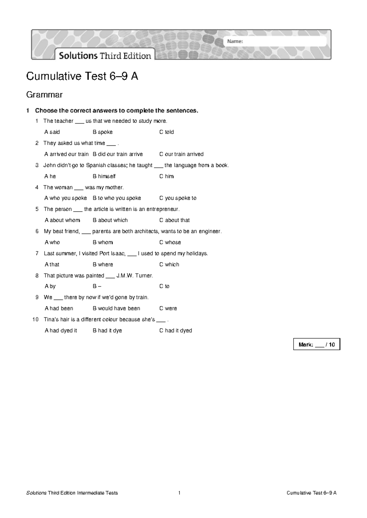 Sol3e int cumulative test 6-9 test a - Cumulative Test 6–9 A Grammar 1 ...