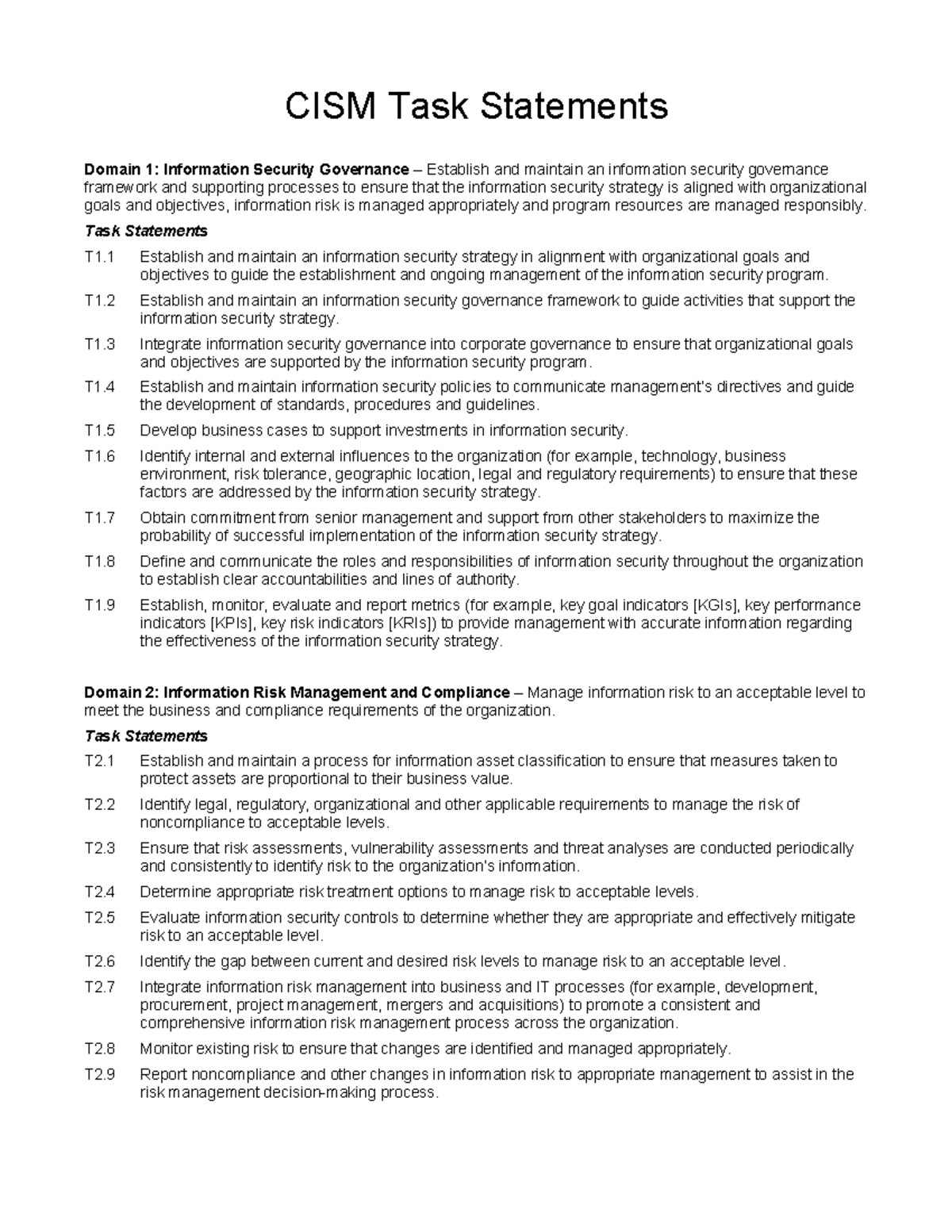 CISM-Task-Statements - CISM Task Statements Domain 1: Information ...