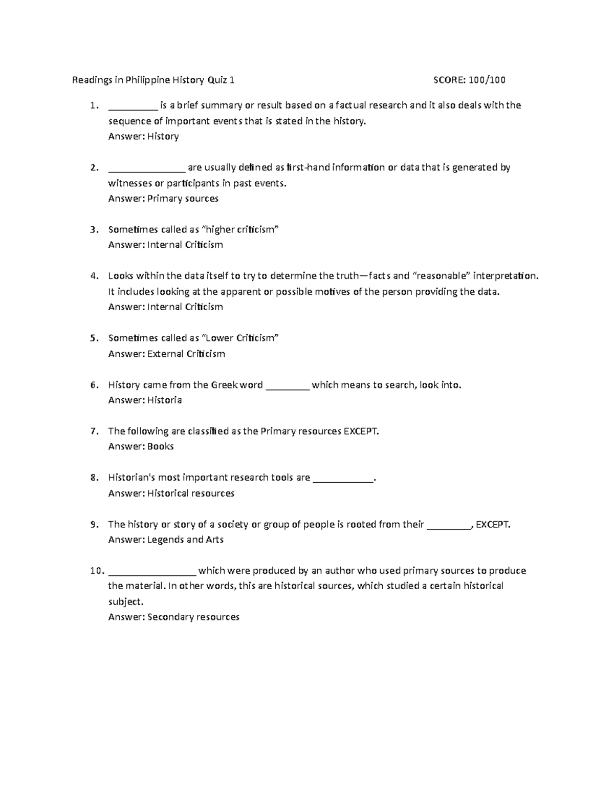 Quiz 2020, questions and answers - Readings in Philippine History Quiz ...