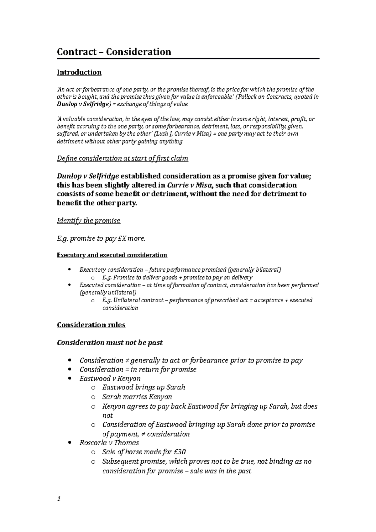 02 Consideration - Contract Law - Contract – Consideration Introduction ‘An act or forbearance ...