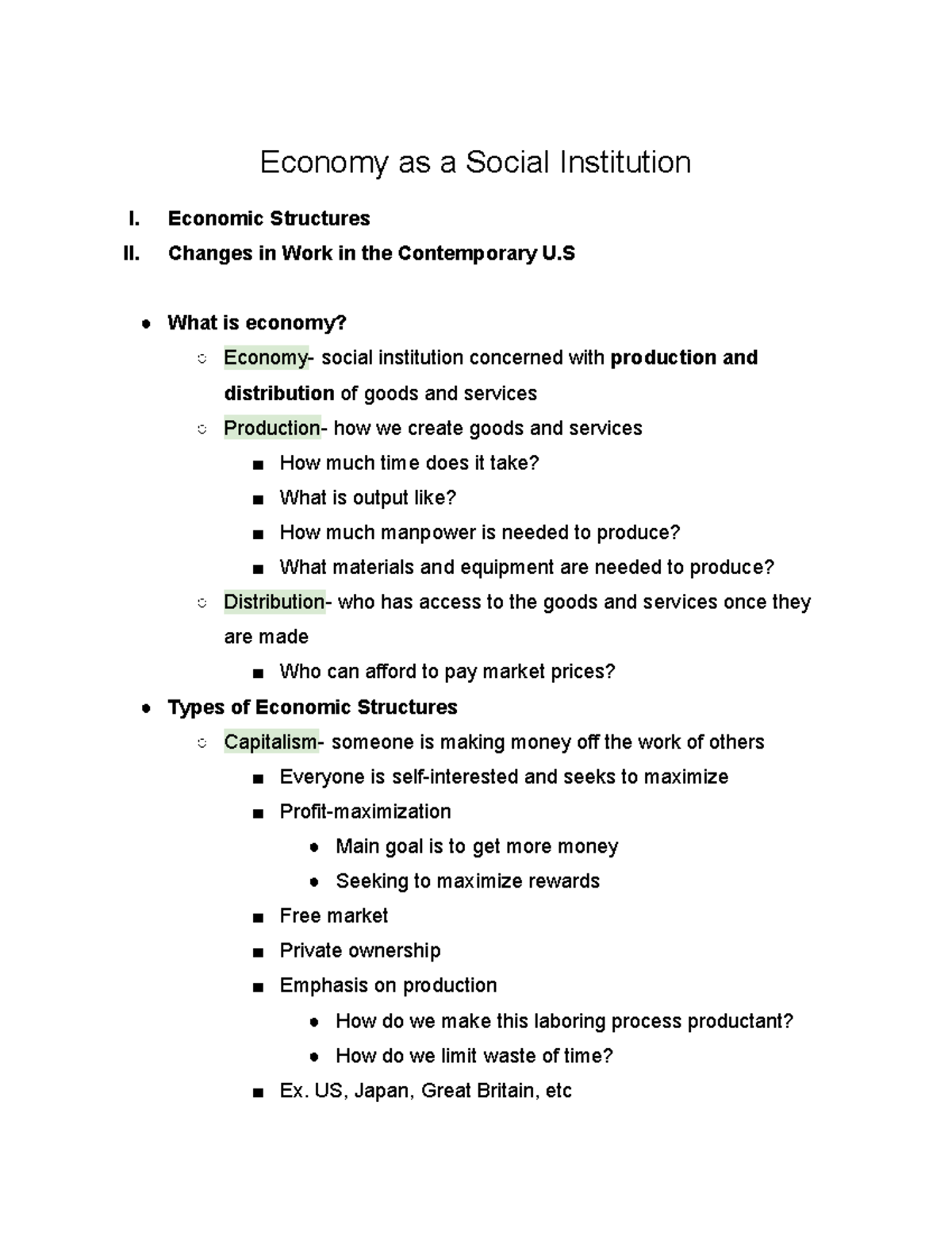 Economy as a Social Institution - Economic Structures II. Changes in ...