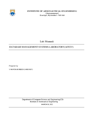 DBMS LAB Manual-2018 - DATABASE MANAGEMENT SYSTEMS LAB MANUAL Year : 2018 - 2019 Course Code ...