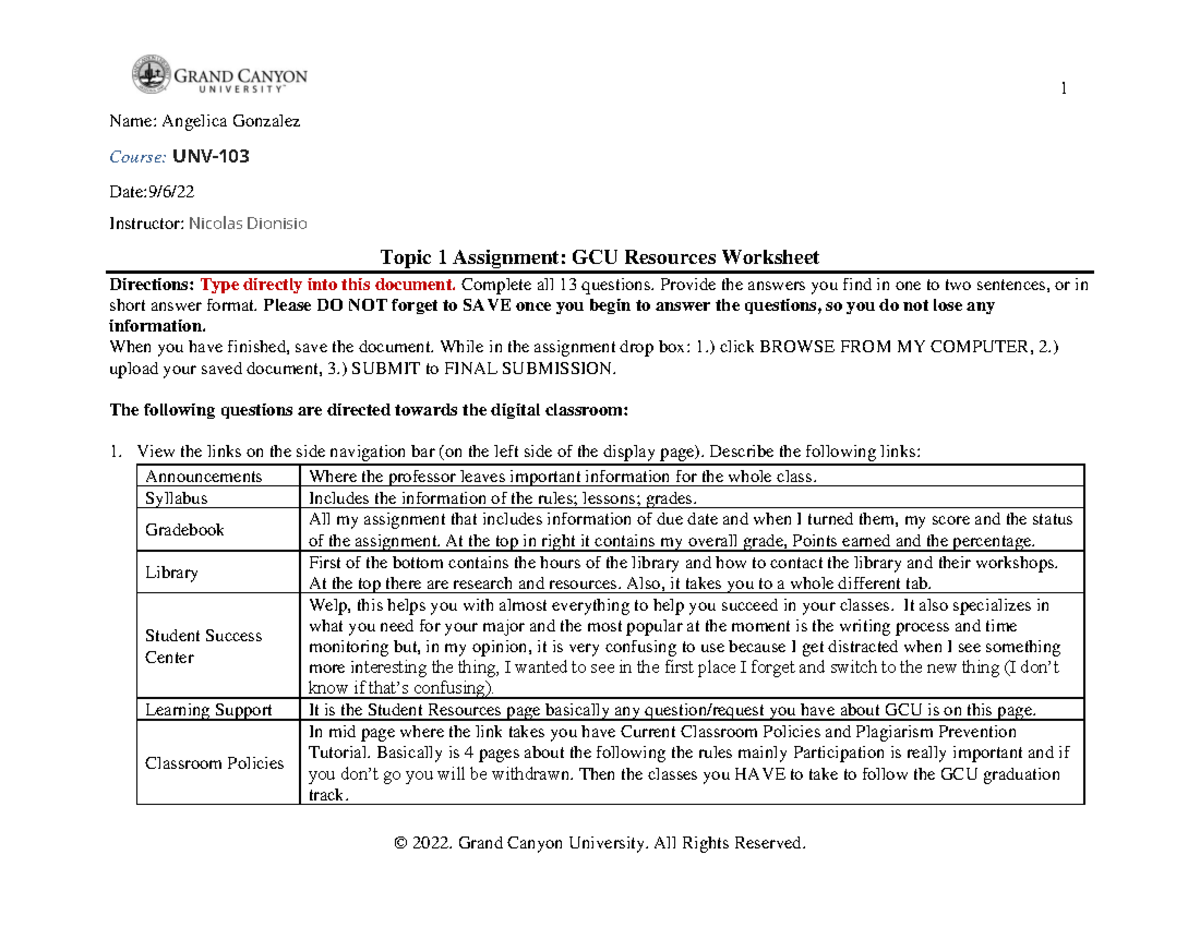 UNV 103 RS T1 Resources Worksheet Trad - Name: Angelica Gonzalez Course ...
