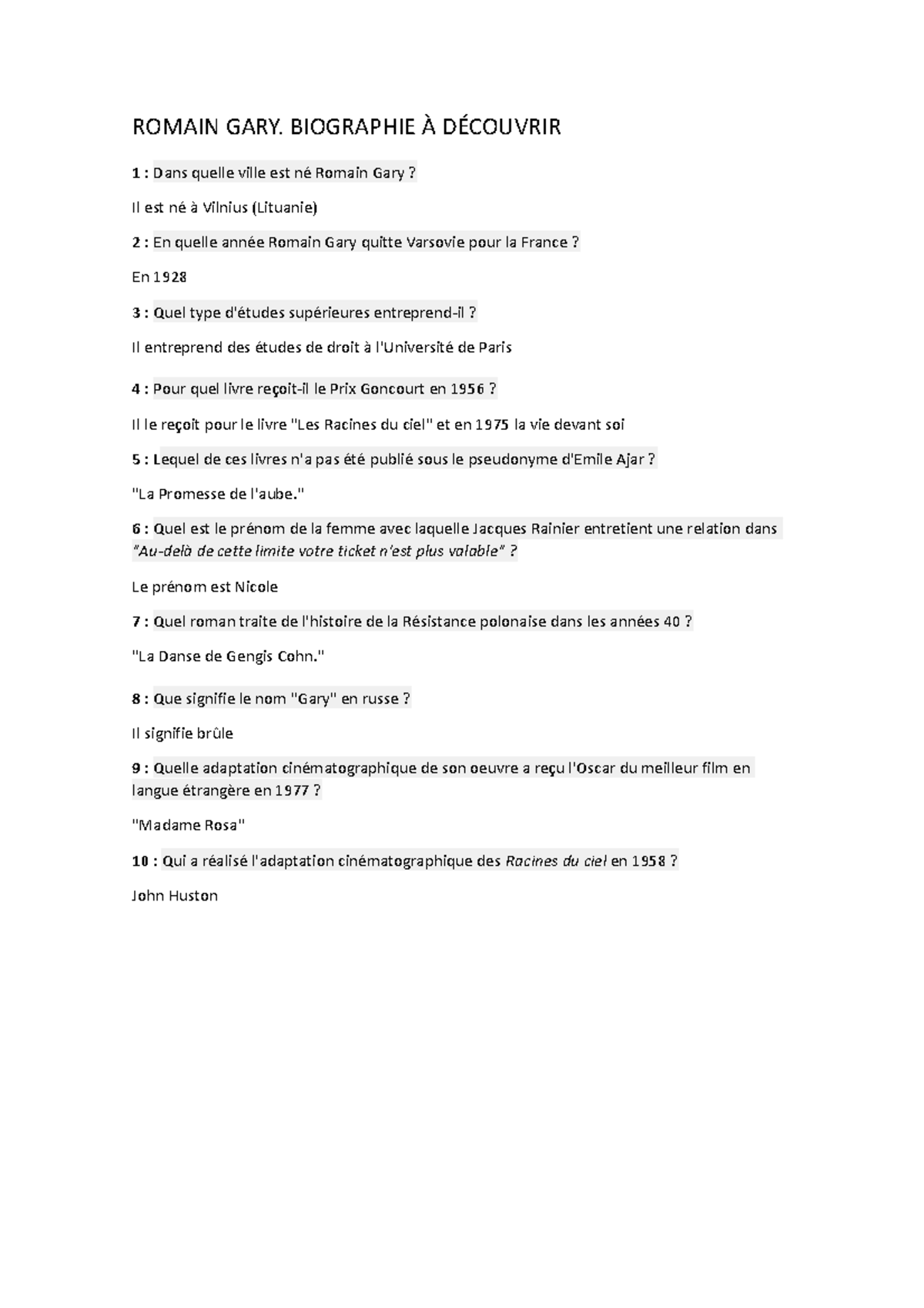 Romain GARY quizz bio - vbnn - ROMAIN GARY. BIOGRAPHIE À DÉCOUVRIR 1 ...