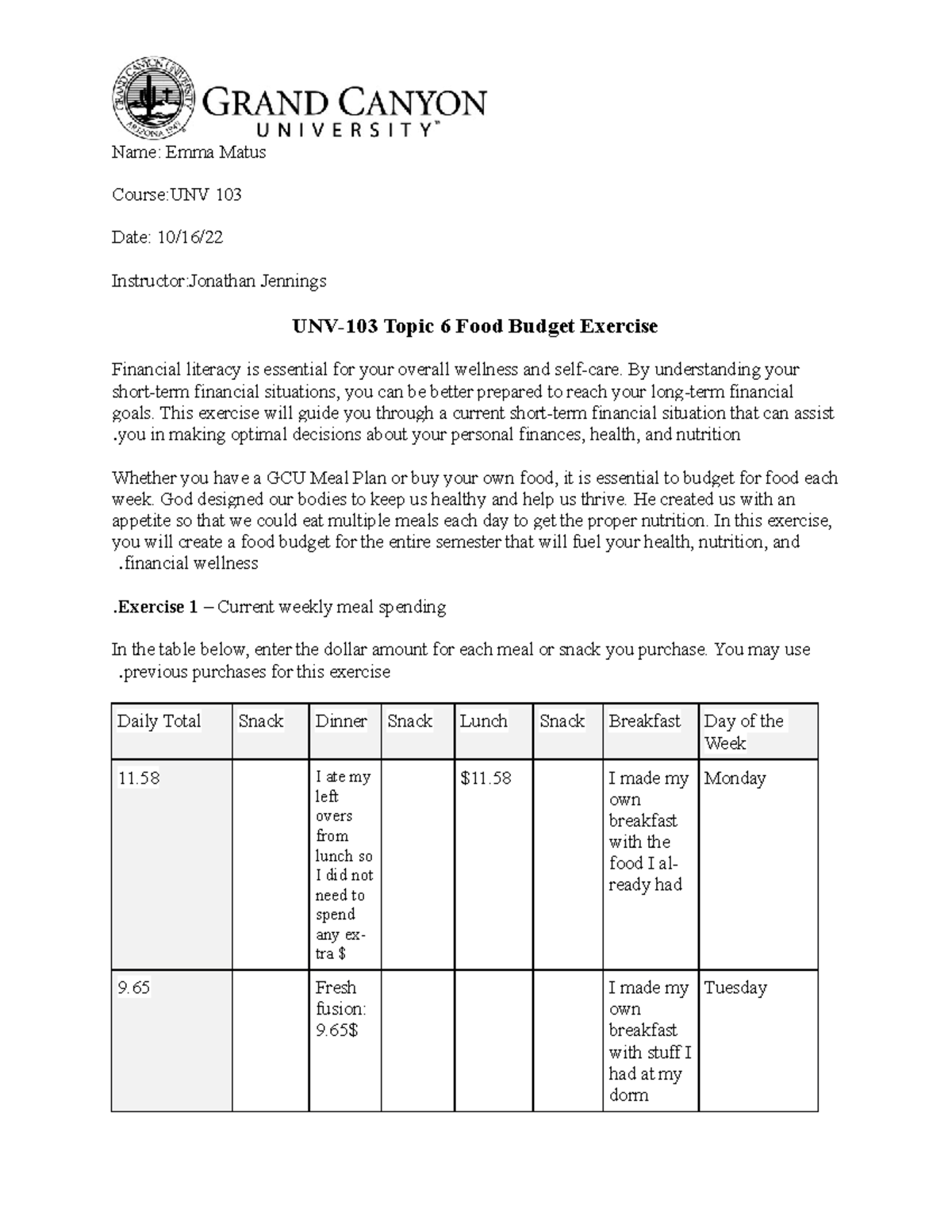 Food budget excercise - Name: Emma Matus Course:UNV 103 Date: 10/16 ...