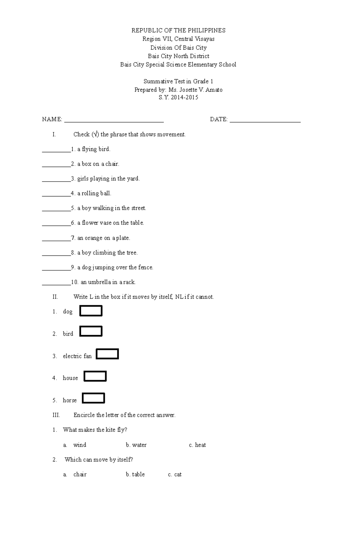 269271782 Summative Test in Grade 1 - REPUBLIC OF THE PHILIPPINES ...
