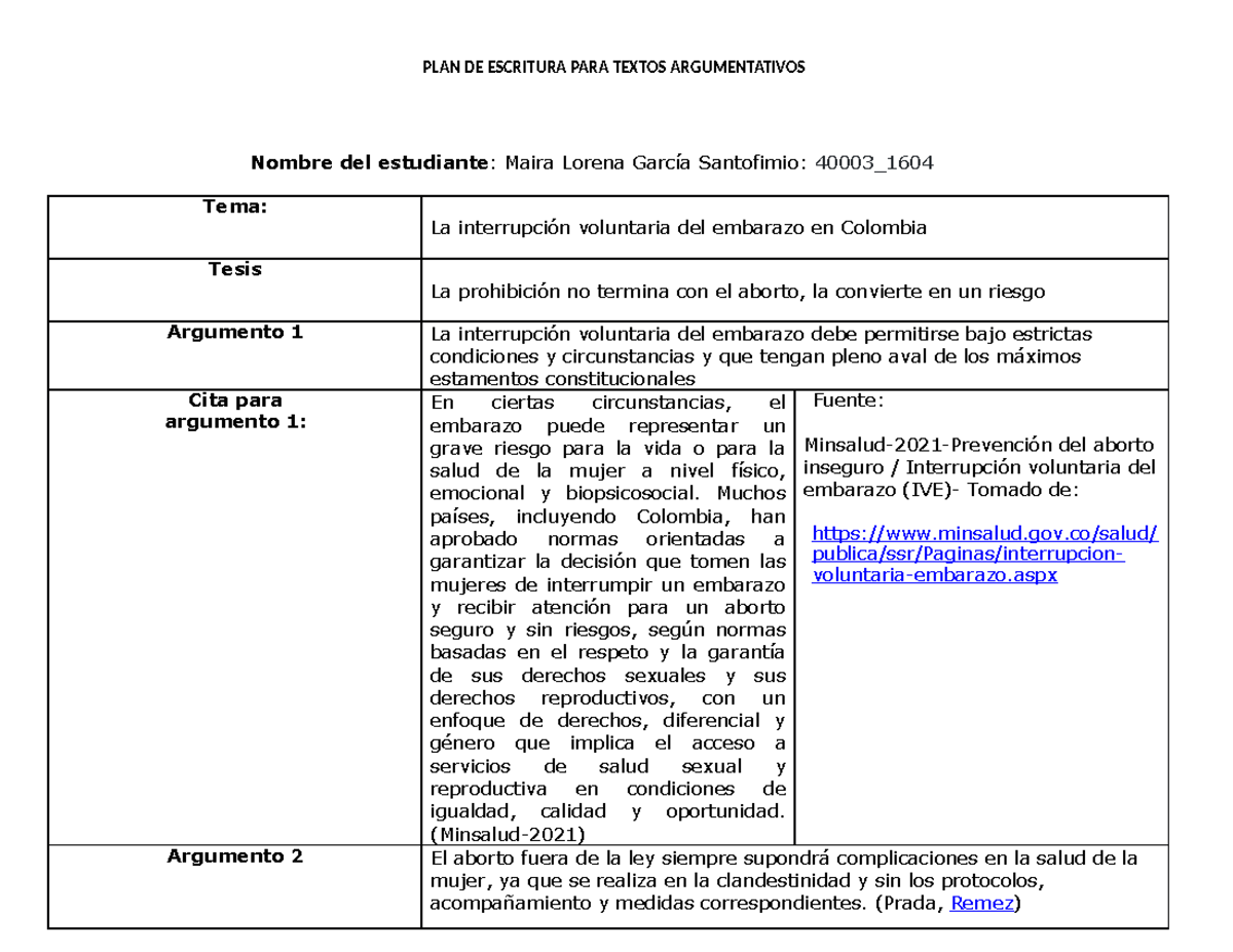 Anexo 2 - Plan de escritura para el texto argumentativo - Nombre del estudiante: Maira Lorena ...