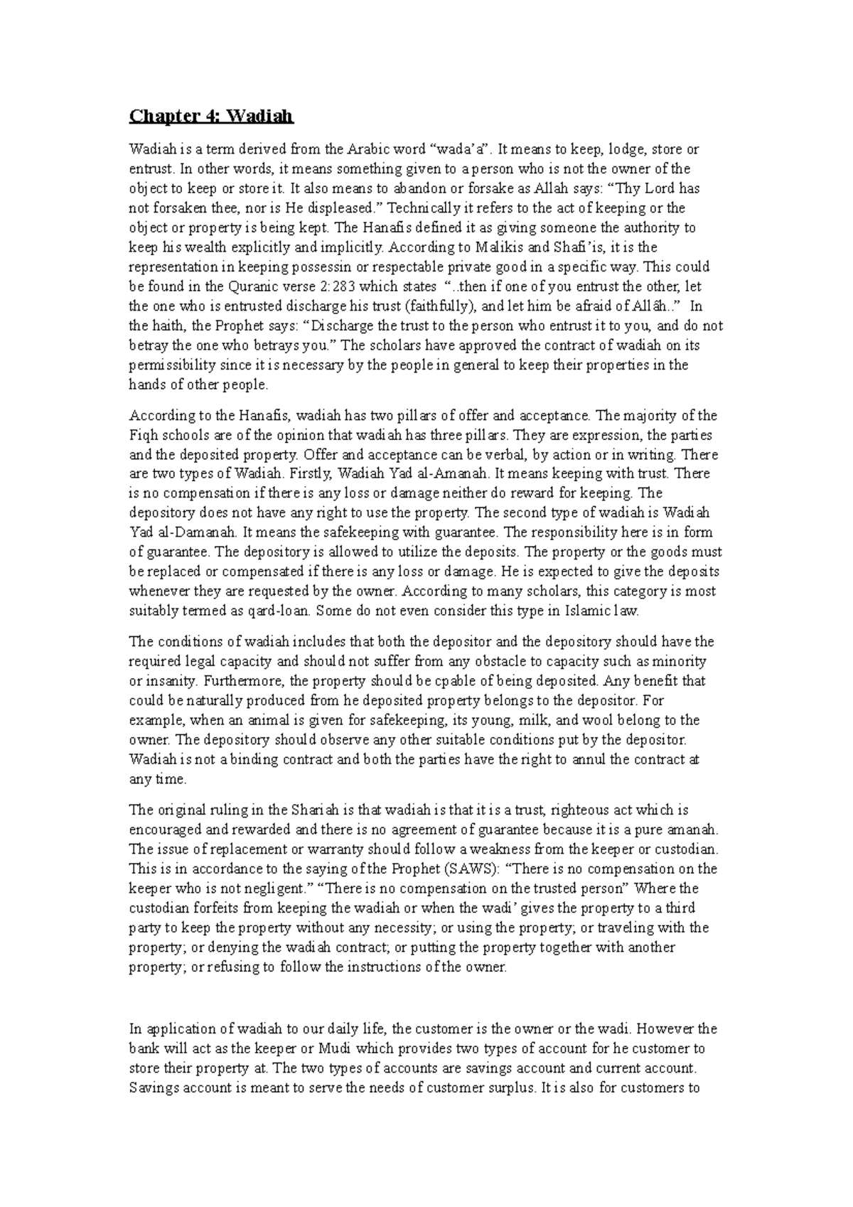 Chapter 4 Wadiah - Chapter 4: Wadiah Wadiah is a term derived from the ...