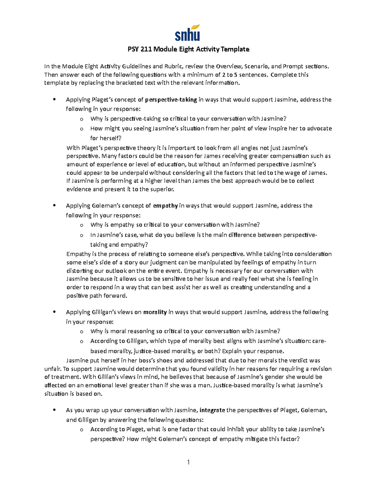PSY 211 Module Eight Activity Template - Then answer each of the ...