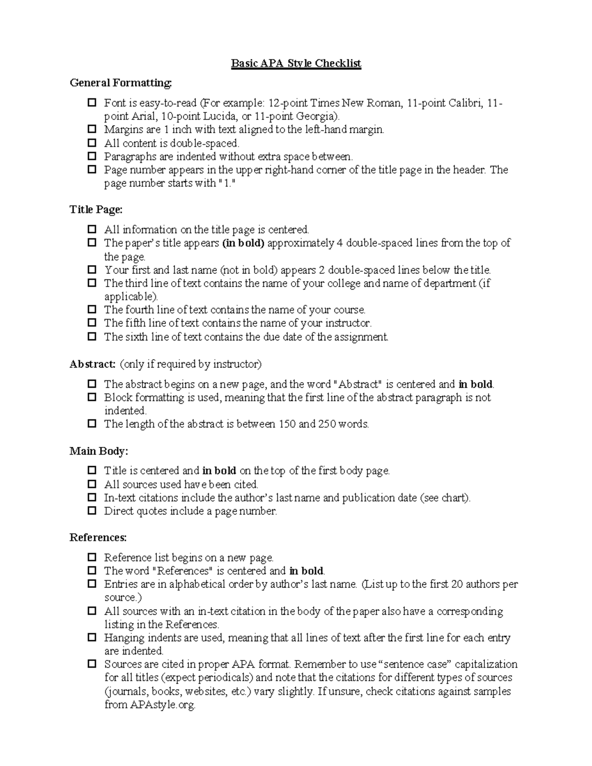 Basic APA Style Checklist 2020 - Basic APA Style Checklist General ...