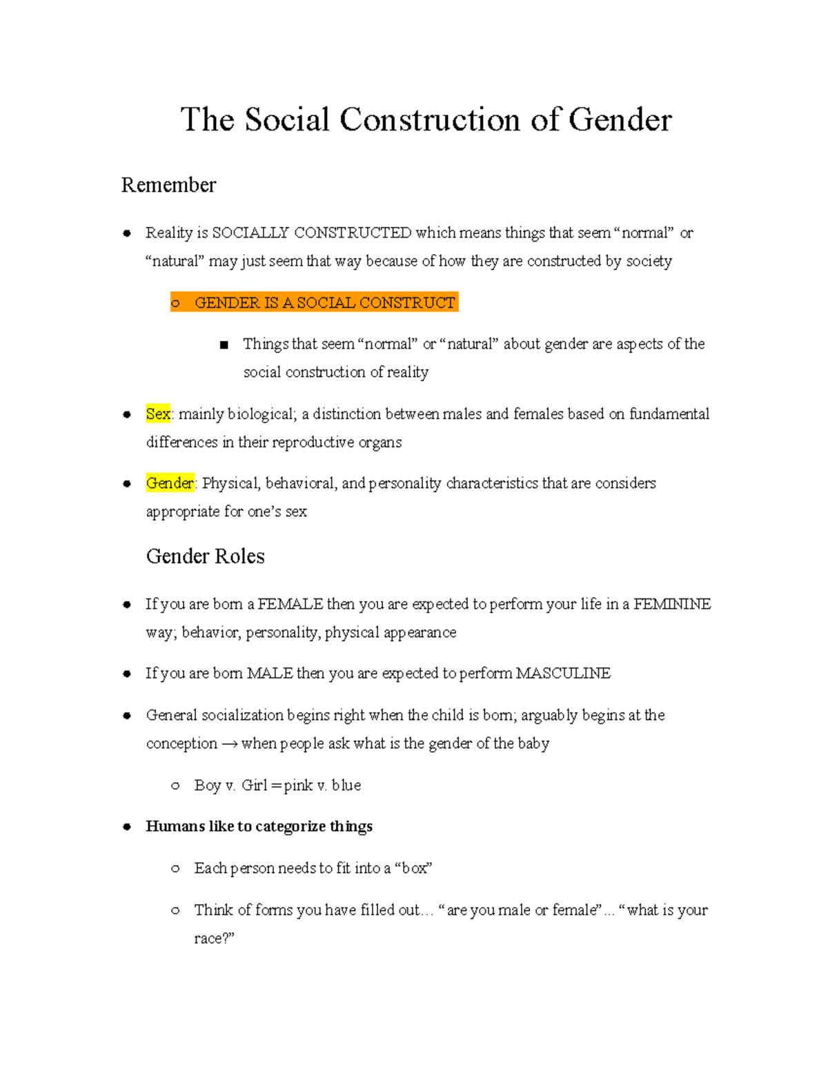 SOCI Gender - The Social Construction of Gender Remember Reality is ...