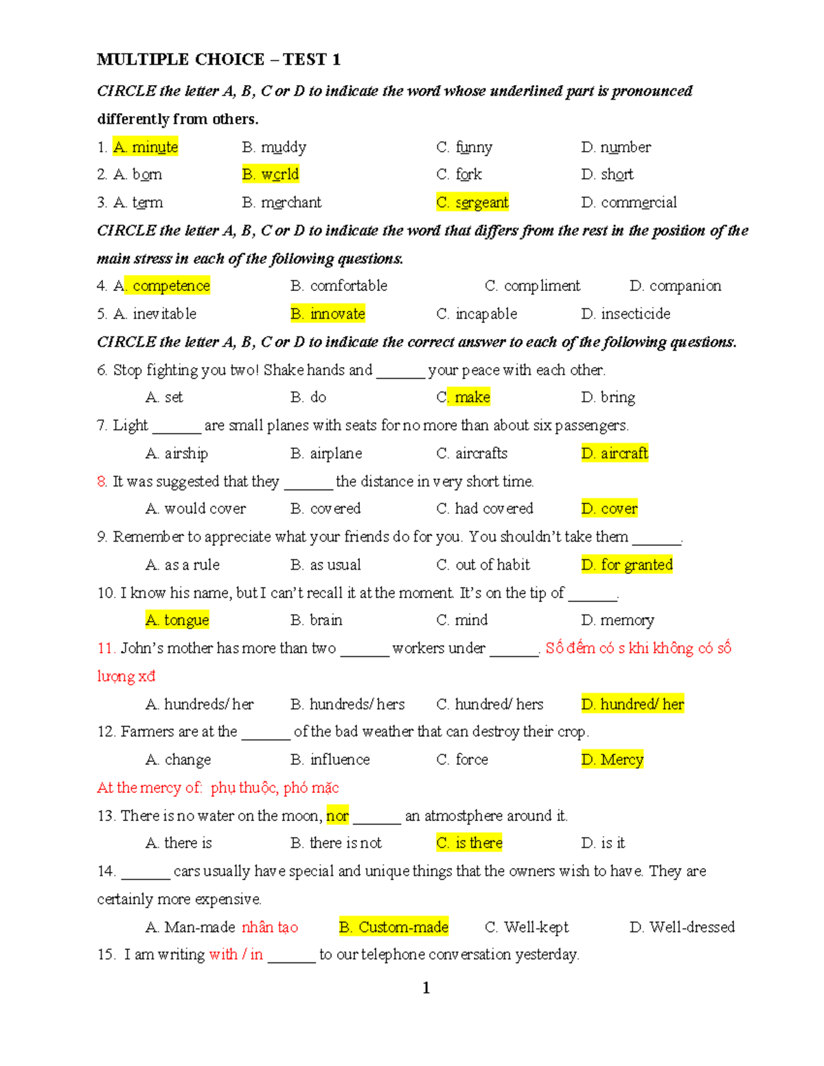 Multiple Choice - test 1 - MULTIPLE CHOICE – TEST 1 CIRCLE the letter A ...