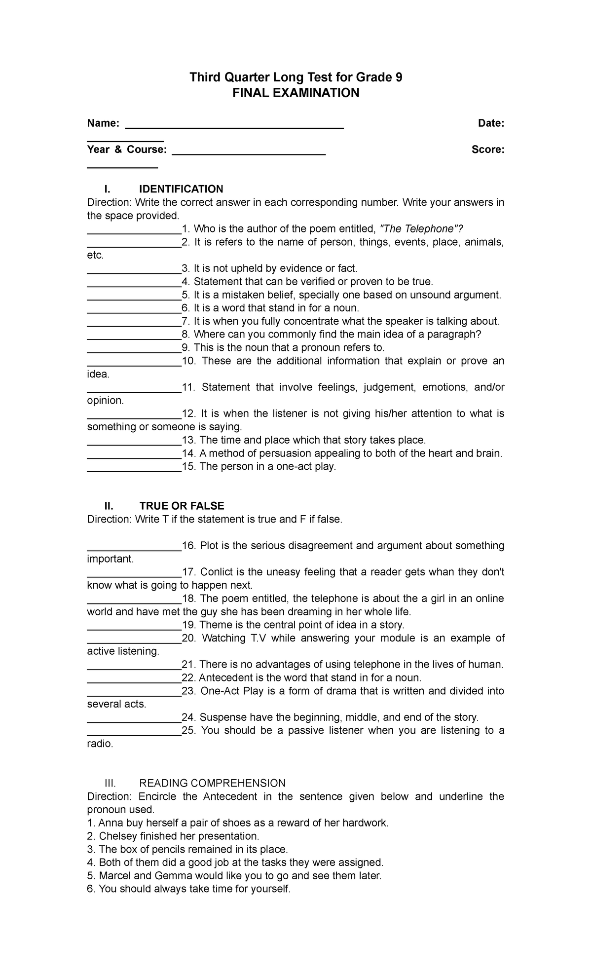 Grade-9 Examination - TEST - Third Quarter Long Test for Grade 9 FINAL ...