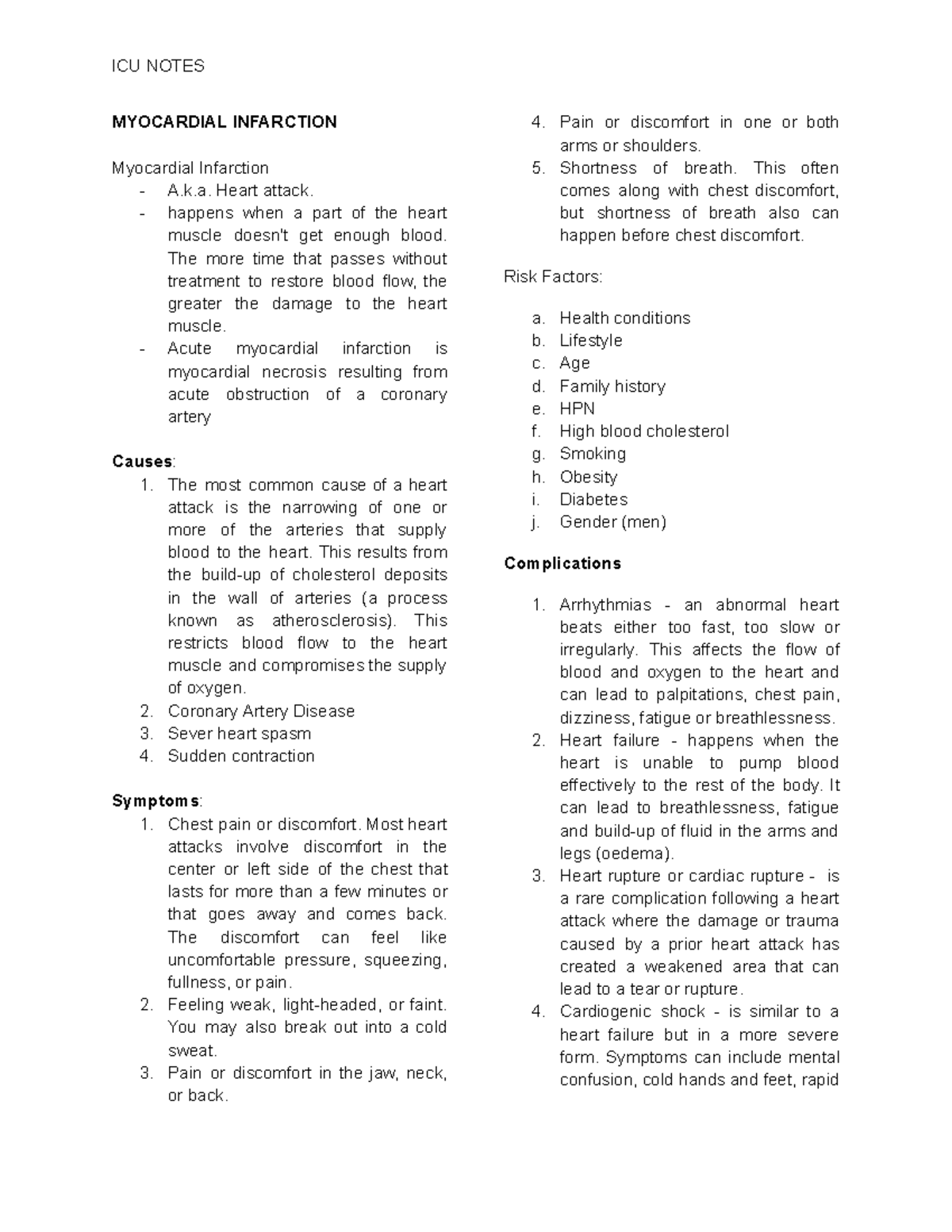 ICU Notes - MYOCARDIAL INFARCTION Myocardial Infarction - A.k. Heart ...
