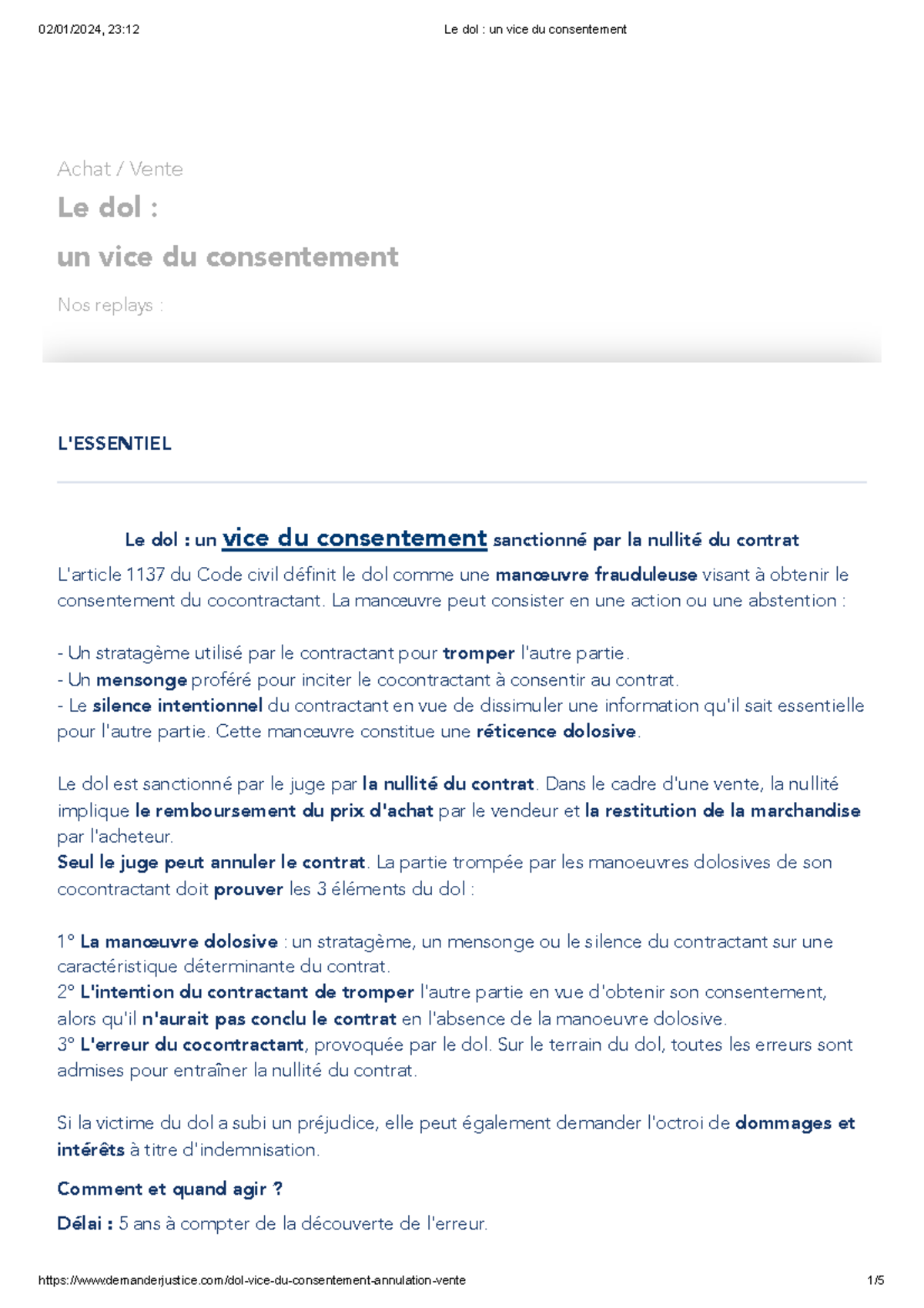 Le dol un vice du consentement - La manœuvre peut consister en une ...