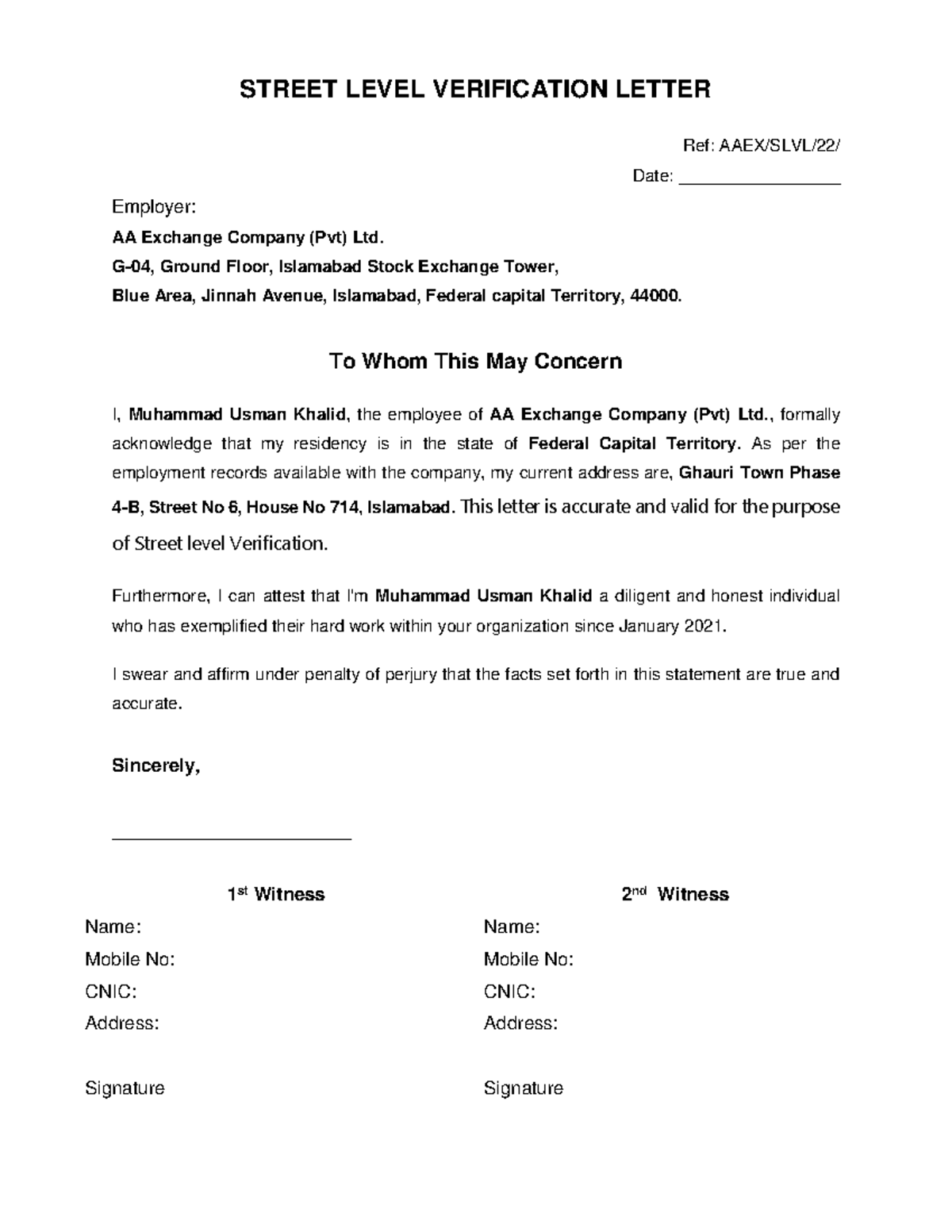 Street Level Verification Letter - AA Exchange - STREET LEVEL ...