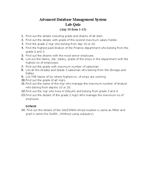 Adbms assignment - ADVABNCED DATABASE MANAGEMENT SYSTEM customer -> - Studocu