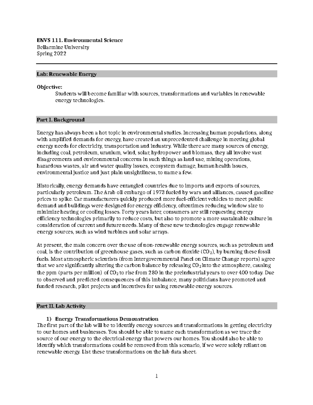 Environmental science lab 3 - 1 ENVS 111. Environmental Science ...