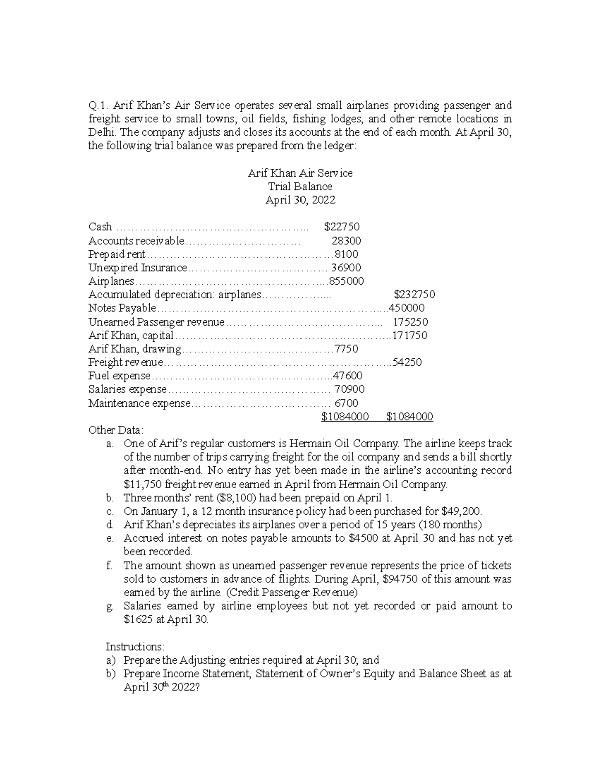 Adjusting Entries Practise Question - Q. Arif Khan’s Air Service ...