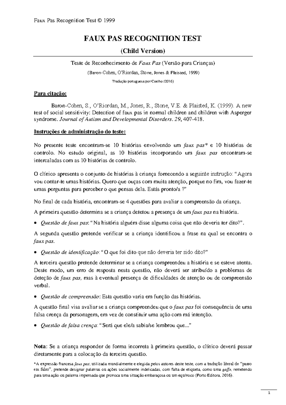 14. Faux Pas Infantil aplicação e correção - Faux Pas Recognition Test ...