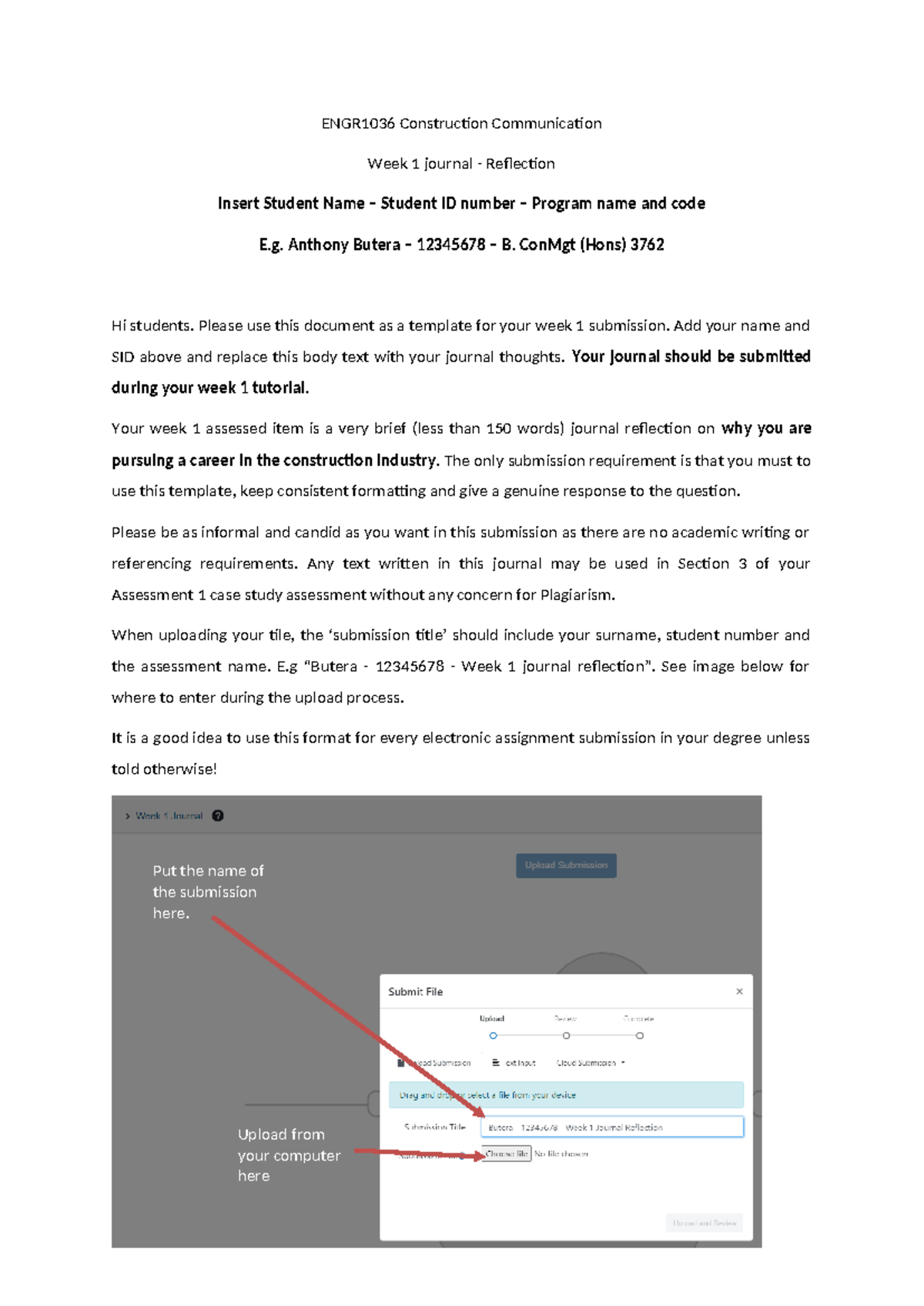 Week 1 Journal Reflection Template - ENGR1036 Construction ...