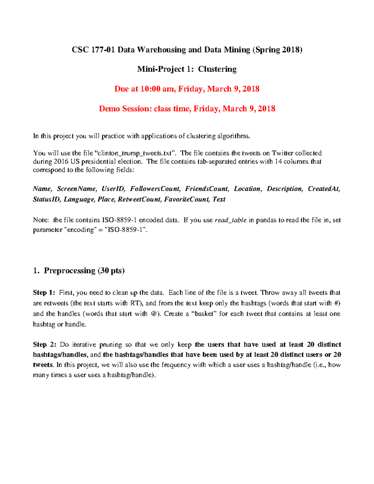 Project 1 - Inside document - CSC 177-01 Data Warehousing and Data ...
