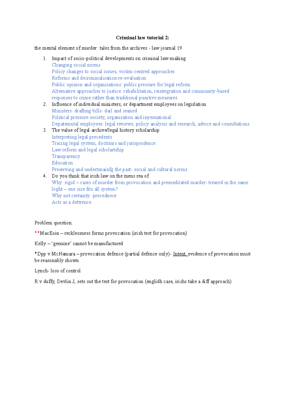 Criminal law tutorial notes - Criminal law tutorial 2: the mental ...