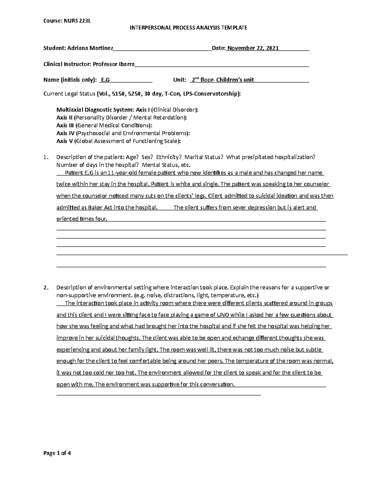 NURS 223L - Interpersonal Process Analysis - INTERPERSONAL PROCESS ANALYSIS TEMPLATE Student ...