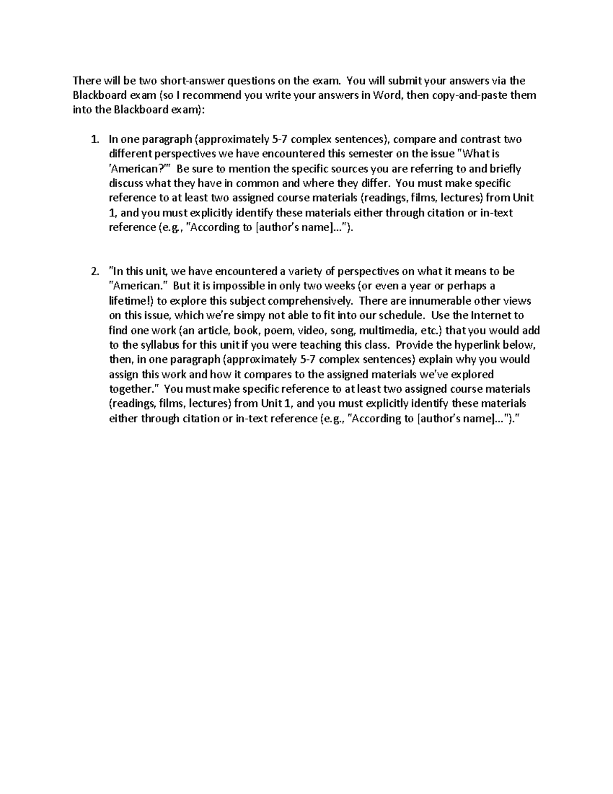 American Culture exam 1 writing questions - There will be two short ...