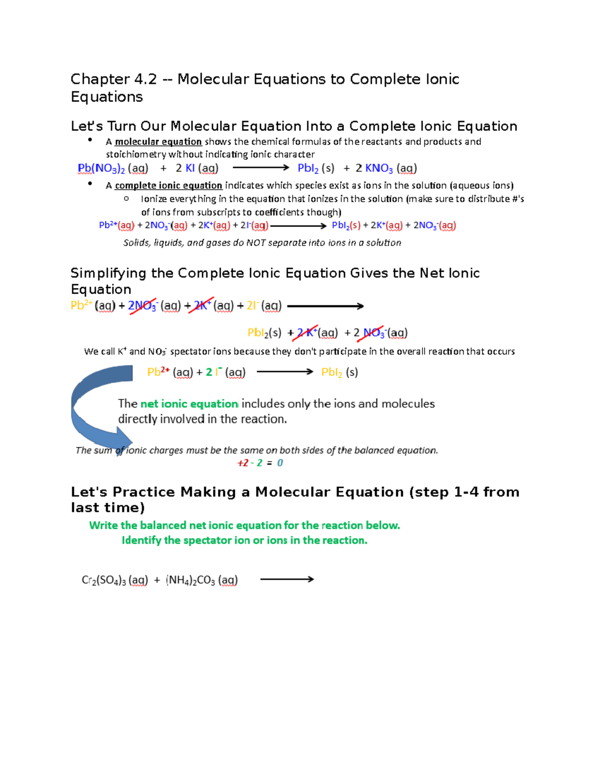 Chem chapter 4.2 - Chapter 4 - Molecular Equations to Complete Ionic Equations Let's Turn Our ...
