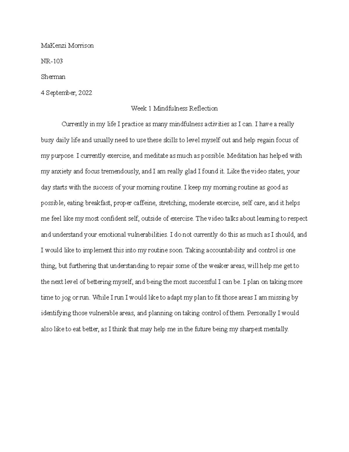 Mindfulness Reflection 1 - MaKenzi Morrison NR- Sherman 4 September ...