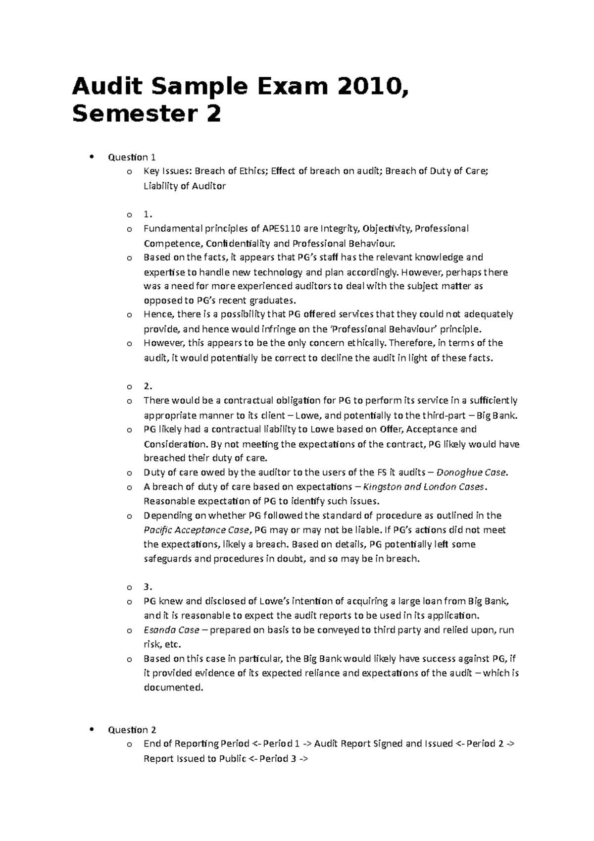 Audit Sample Exam 2010 Response - Audit Sample Exam 2010, Semester 2 ...