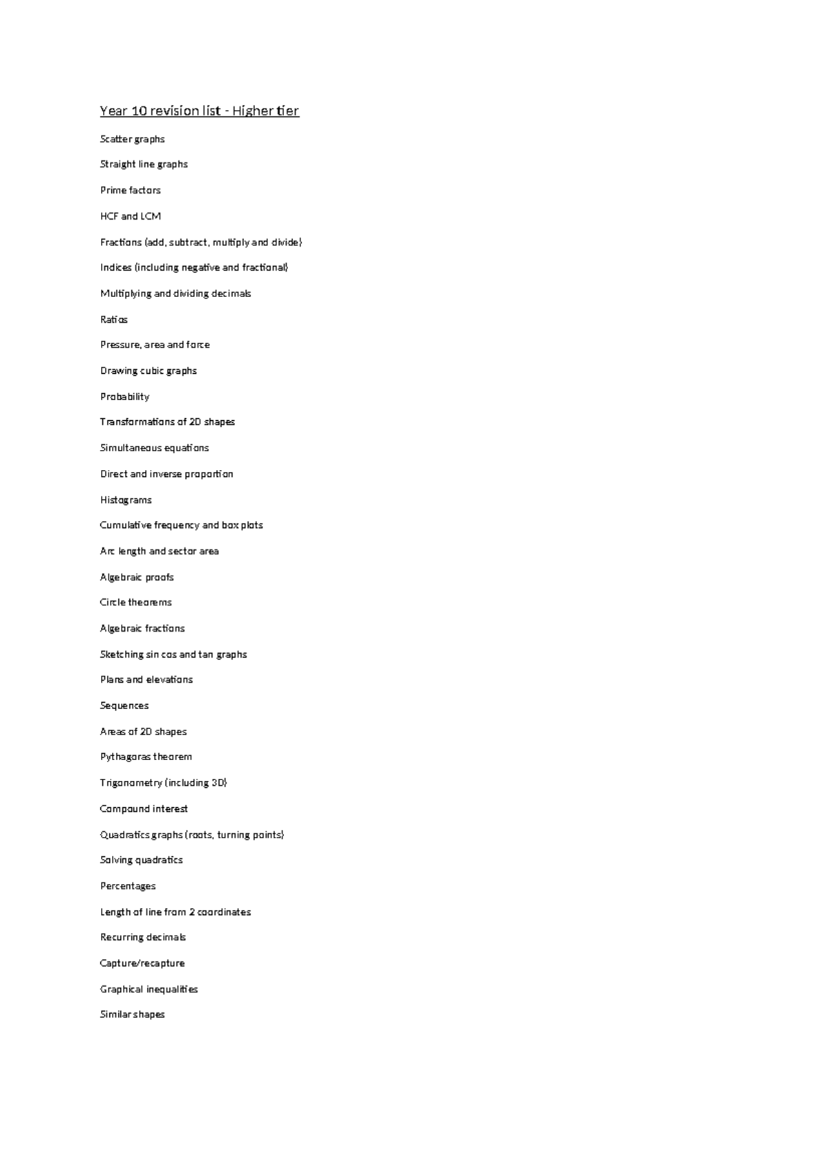 Year 10 revision list Higher - Year 10 revision list - Higher tier ...