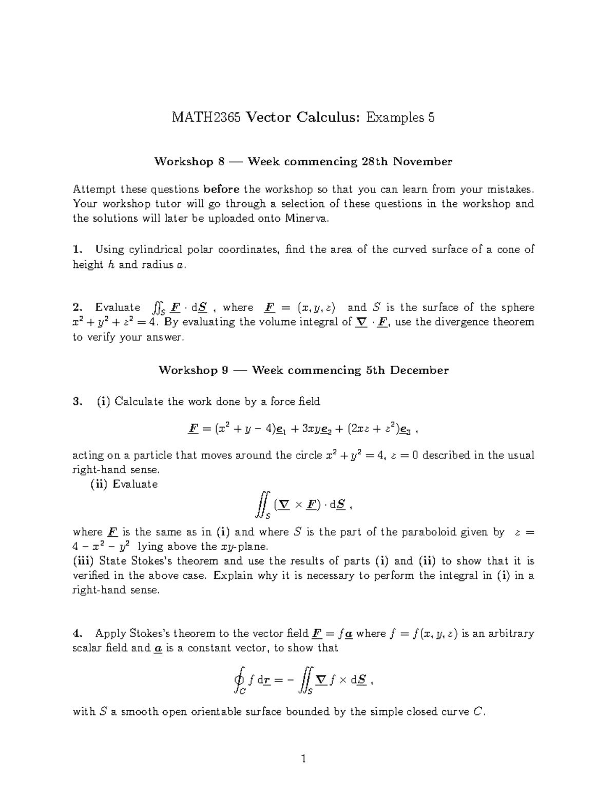 MATH2365 - Examples 5 - MATH2365 Vector Calculus: Examples 5 Workshop 8 ...