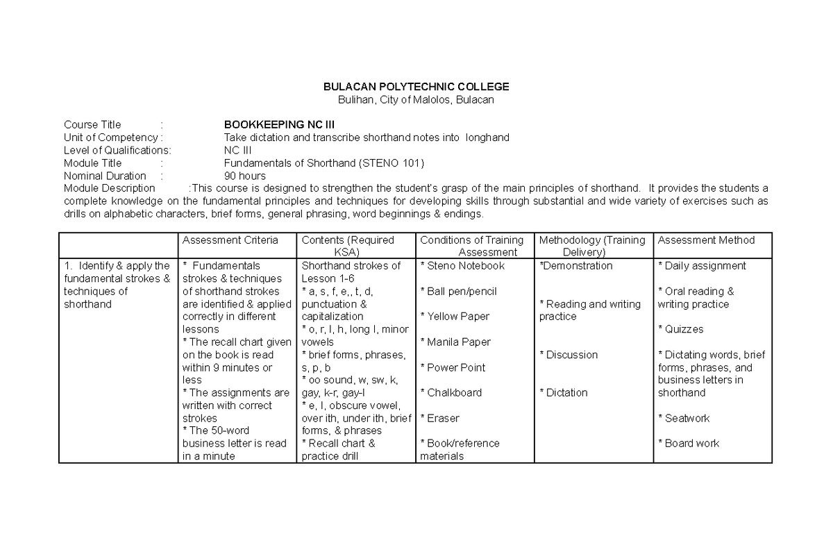 Steno 101 - Fundamentals of Shorthand - BULACAN POLYTECHNIC COLLEGE ...