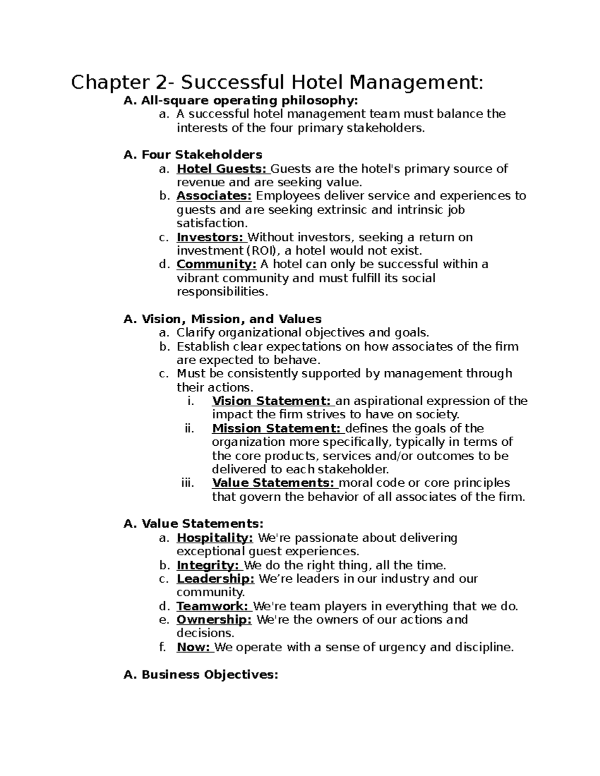 Chapter 2 Notes - Chapter 2- Successful Hotel Management: A. All-square ...