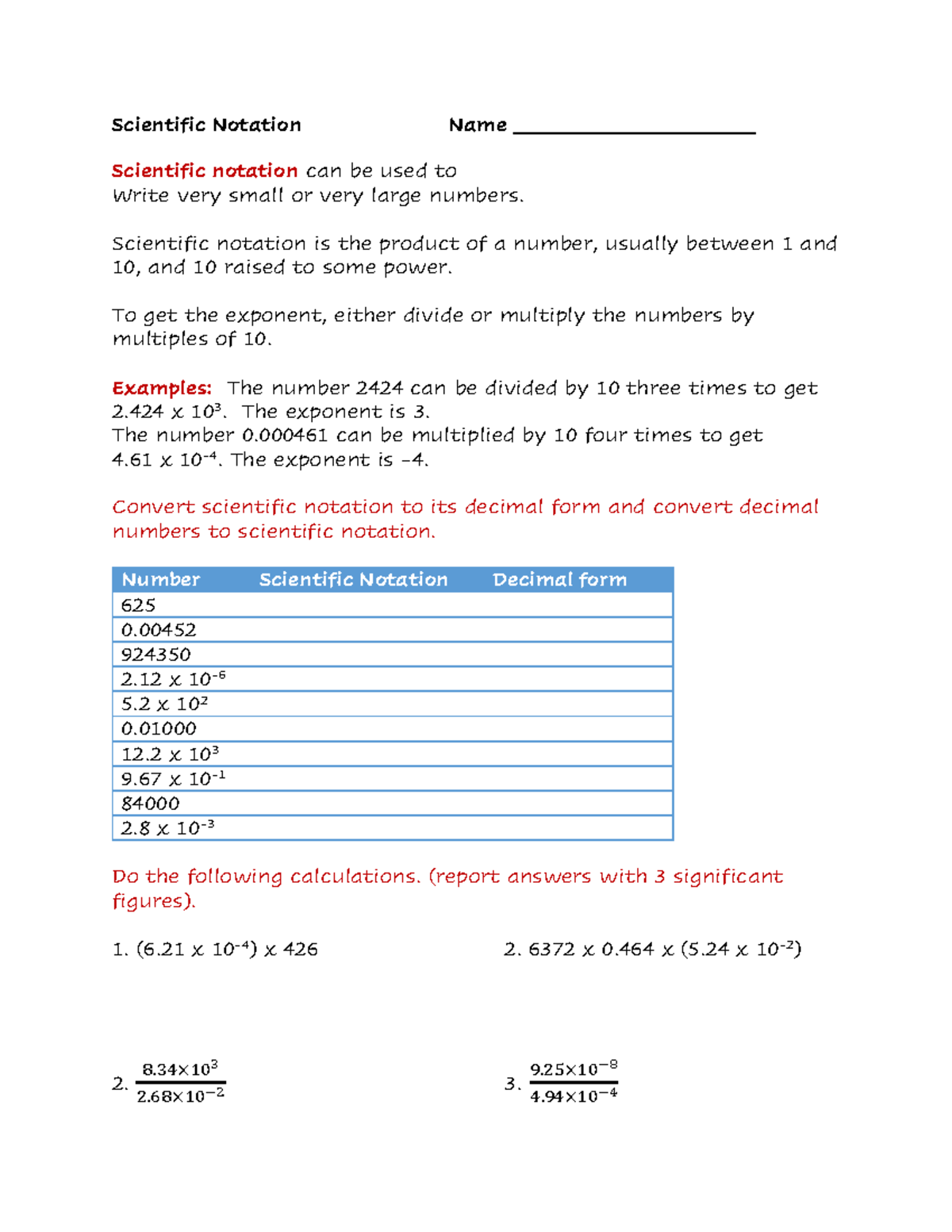 CHM261Scientific Notation - Scientific Notation Name ...