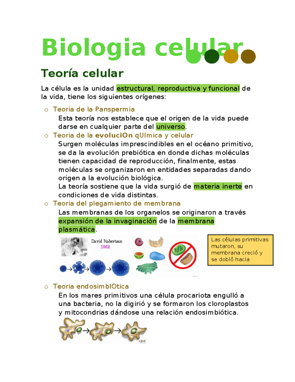 Apuntes - Biologia celular Teoría celular La célula es la unidad ...