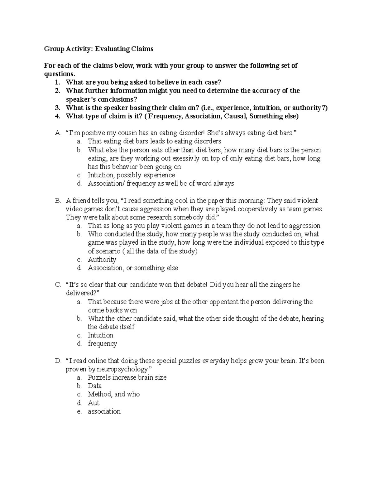 Evaluating Claims in Group Activity - Studocu