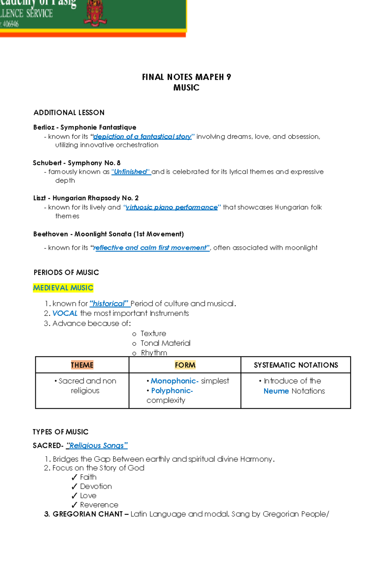 Final Notes Mapeh 9 - rizz - SCHOOL ID: 406 FINAL NOTES MAPEH 9 MUSIC ...