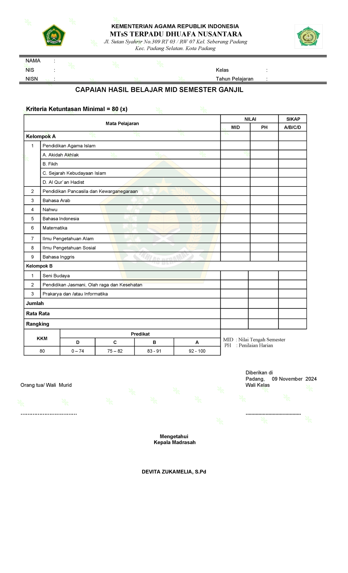 Format Rapor MID - KEMENTERIAN AGAMA REPUBLIK INDONESIA MTsS TERPADU ...