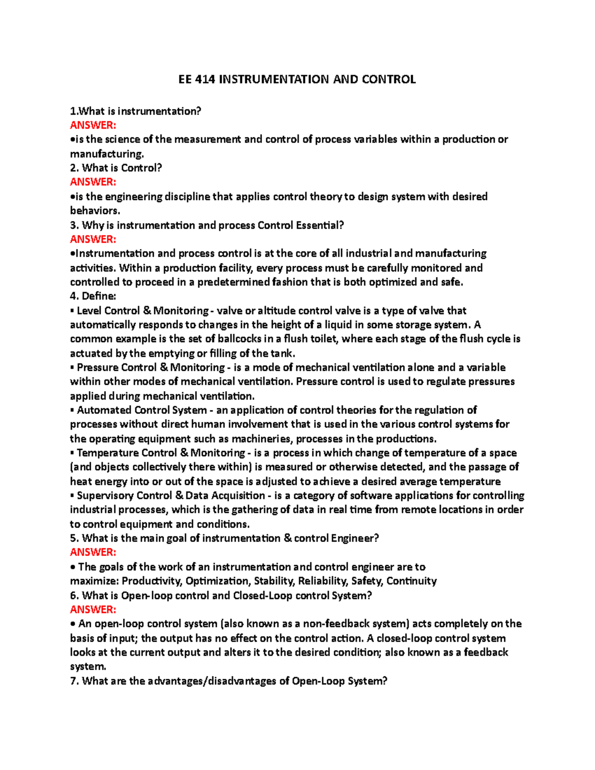 EE 414 Instrumentation AND Control - EE 414 INSTRUMENTATION AND CONTROL 1 is instrumentation ...