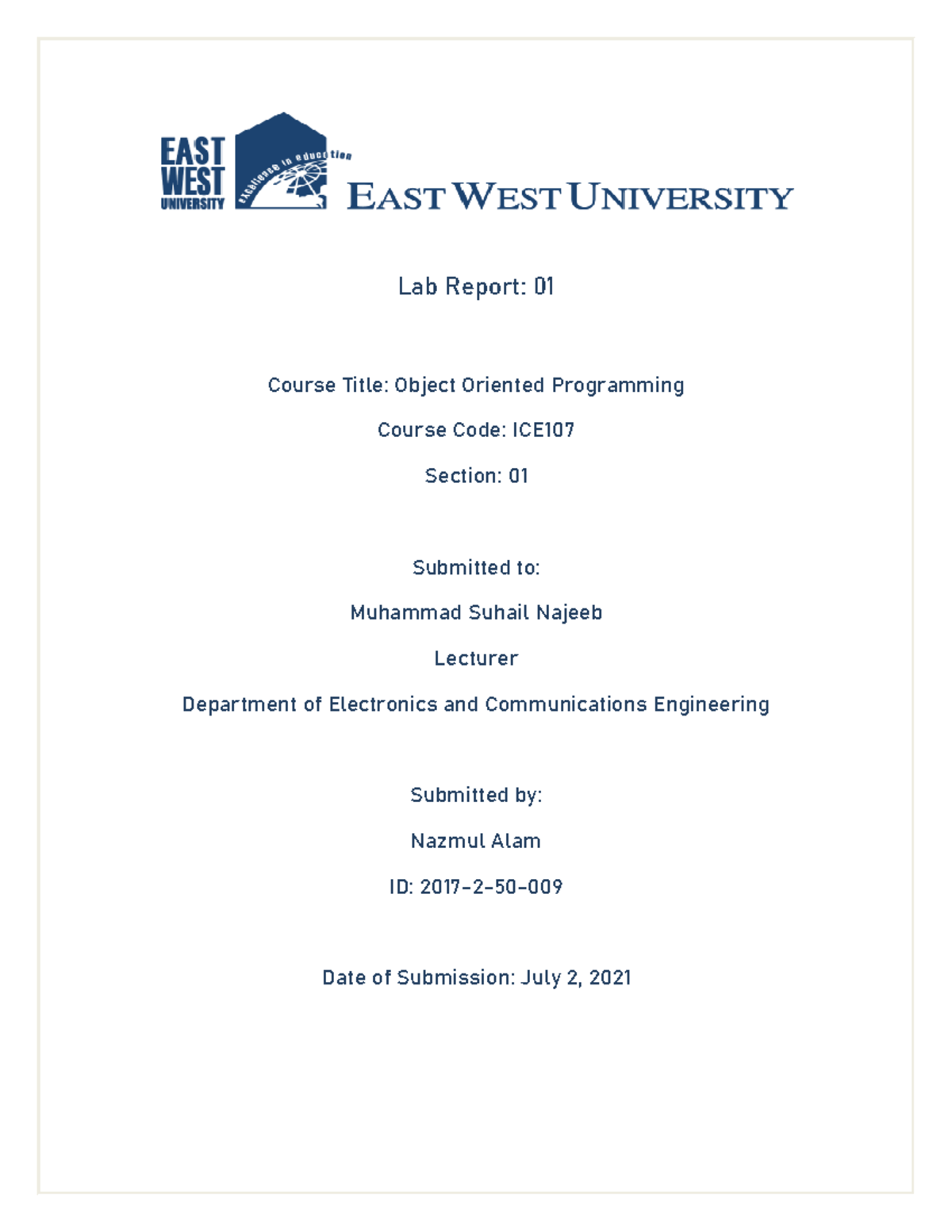ICE107 LAB01 Nazmul ALAM - Lab Report: 01 Course Title: Object Oriented ...
