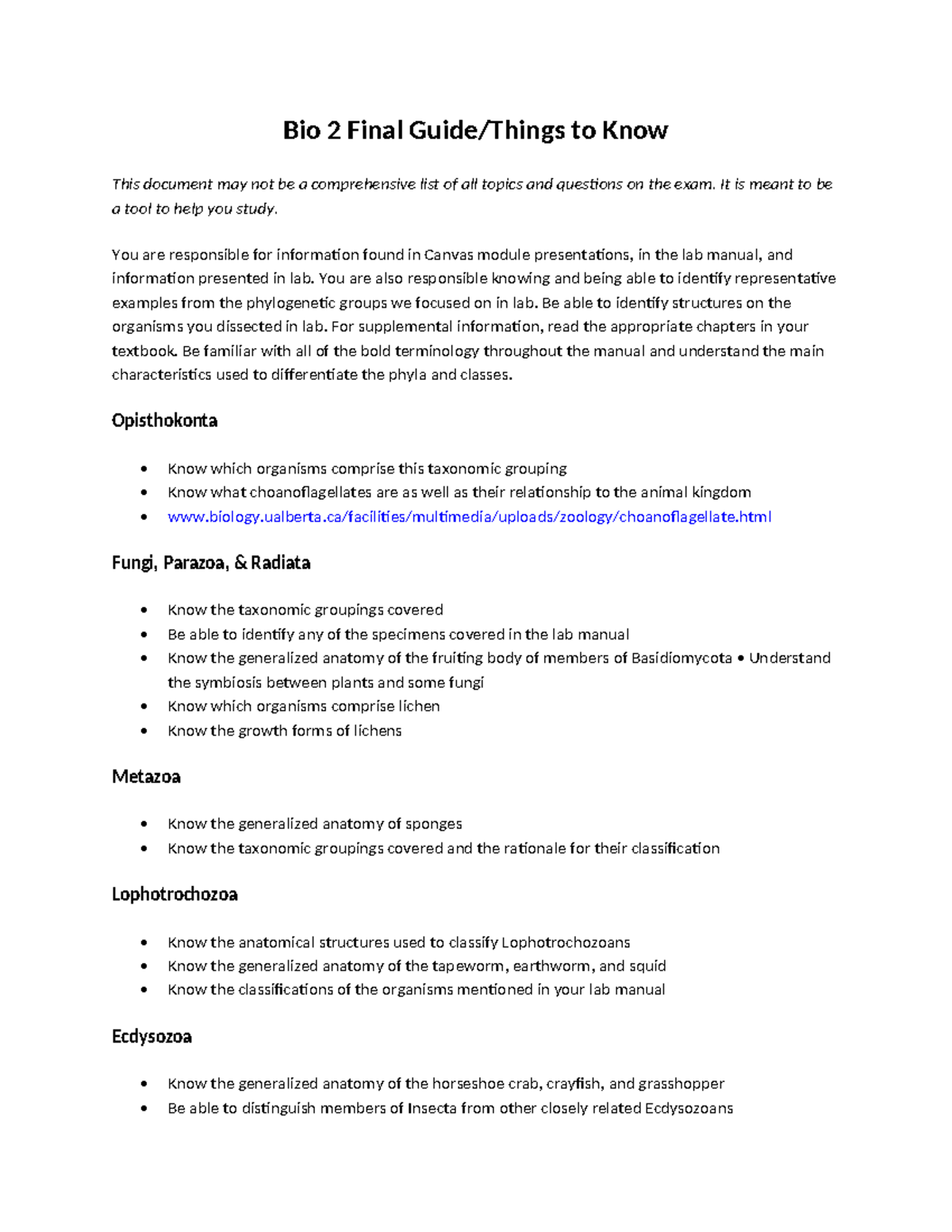 Bio 2 Final Study Guide - Bio 2 Final Guide/Things to Know This document may not be a ...