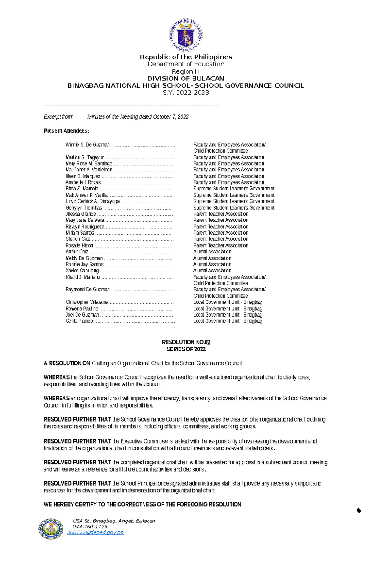 Resolution 2 Crafting Organizational Chart - Republic of the ...