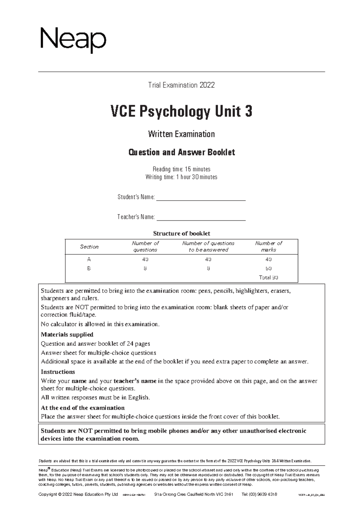 VCE Psychology Unit 3 Question and Answer Booklet 2022 - Neap ...