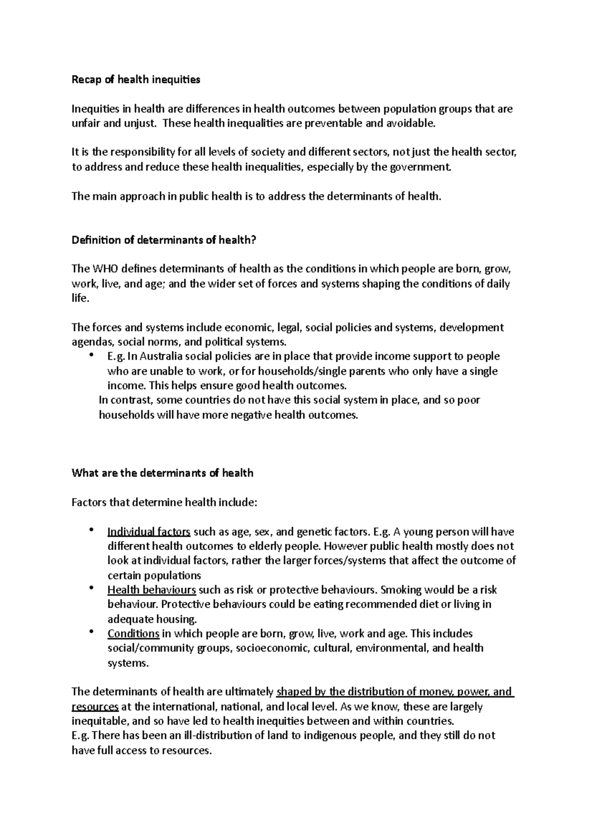 Week 2 - Determinants of health - Recap of health inequities Inequities ...