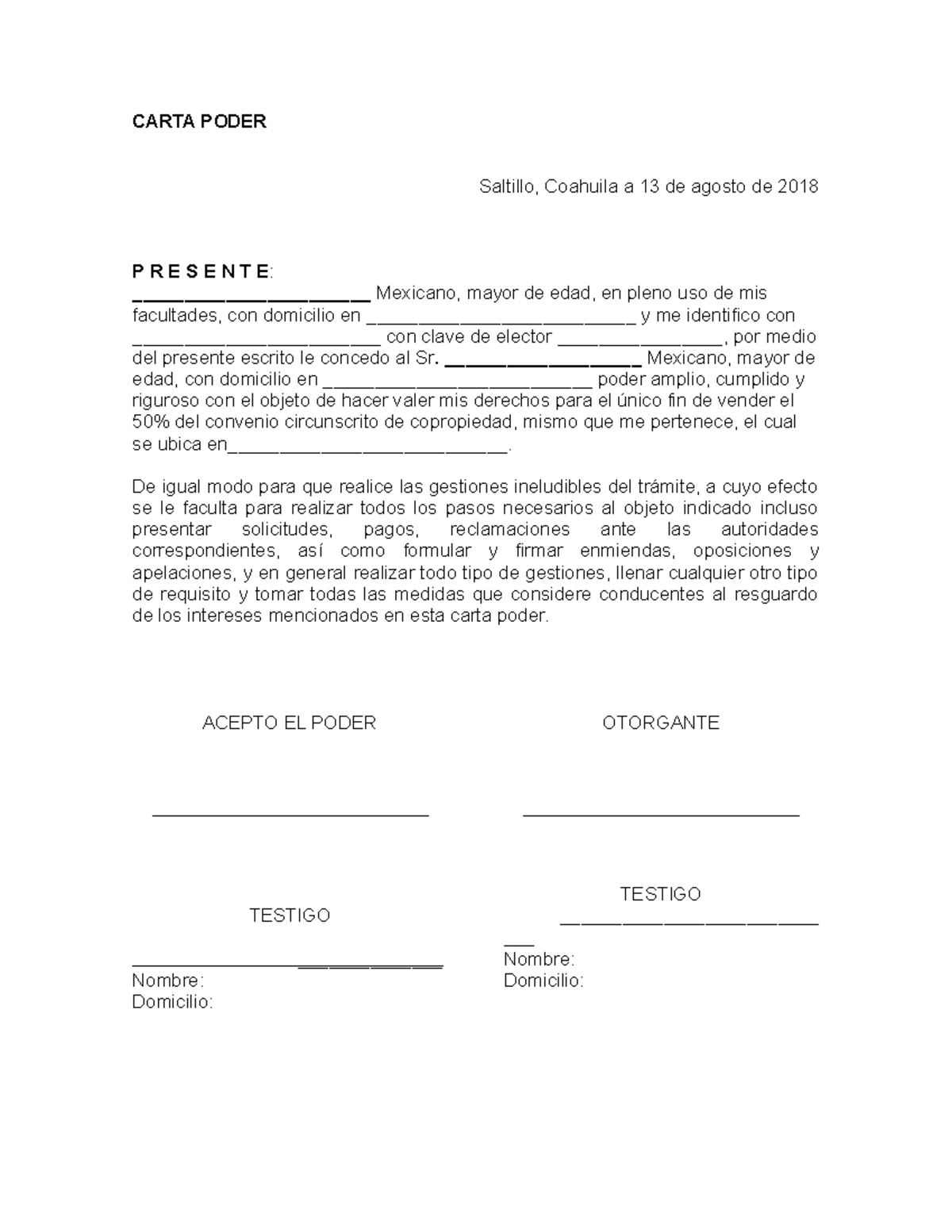 Carta poder 2 - CARTA PODER Saltillo, Coahuila a 13 de agosto de 2018 P ...