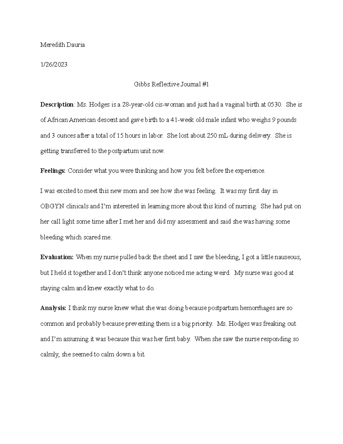 Gibbs reflective journal - Meredith Dauria 1/26/ Gibbs Reflective ...