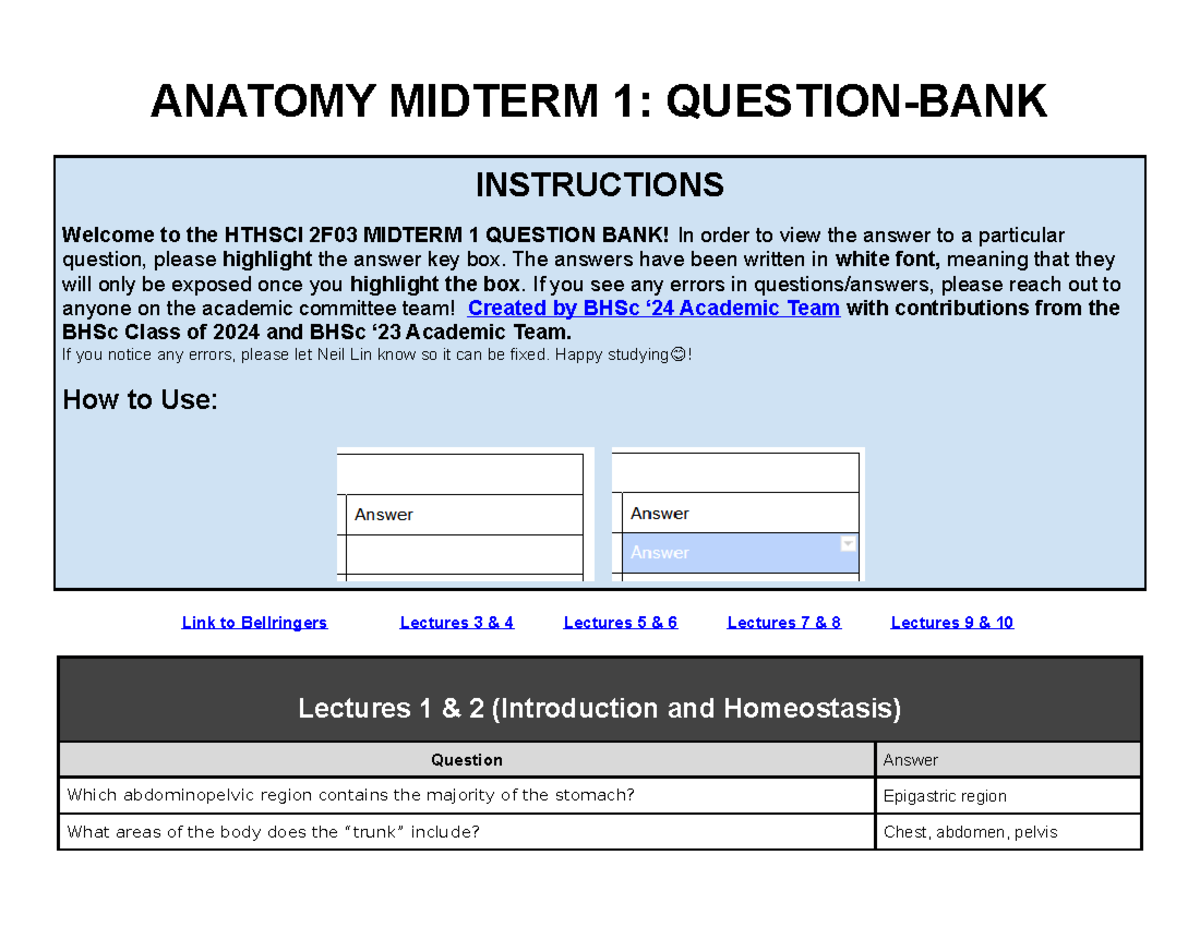 Midterm 1 Question Bank - ANATOMY MIDTERM 1: QUESTION-BANK INSTRUCTIONS Welcome to the HTHSCI ...